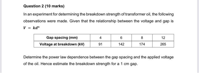 Solved In an experiment for determining the breakdown | Chegg.com