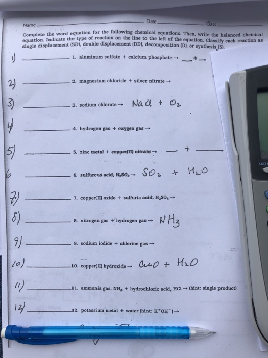 Solved Date Name Class Complete the word equation for the | Chegg.com