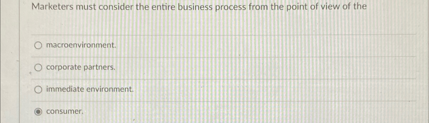 Solved Marketers must consider the entire business process | Chegg.com