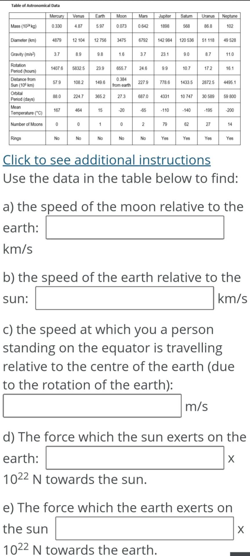 Solved Table of Astronomical Data Mercury Venus Earth Moon | Chegg.com