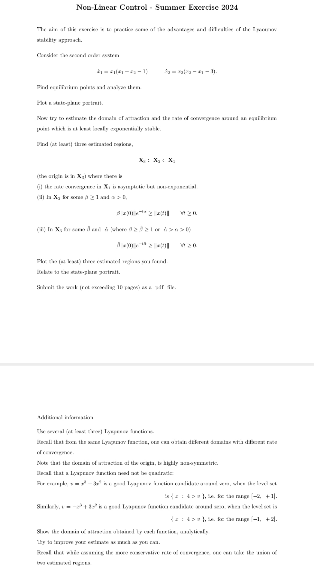 Non-Linear Control - ﻿Summer Exercise 2024The aim of | Chegg.com