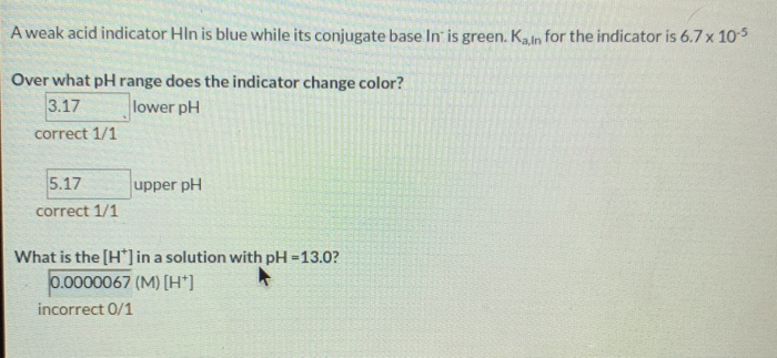 Solved A weak acid indicator Hin is blue while its conjugate | Chegg.com