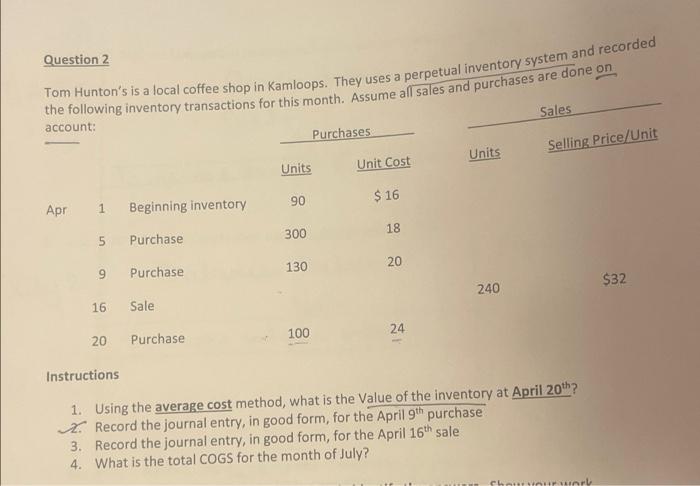 Solved Question 2 Tom Hunton's is a local coffee shop in | Chegg.com