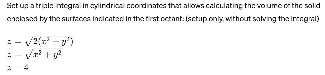 Solved Set up a triple integral in cylindrical coordinates | Chegg.com