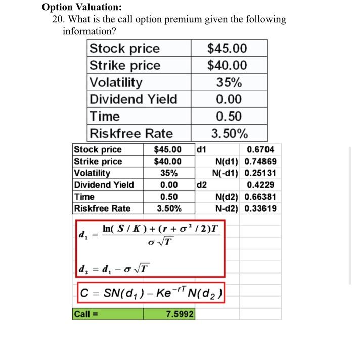 Solved Option Valuation: 20. What is the call option premium | Chegg.com