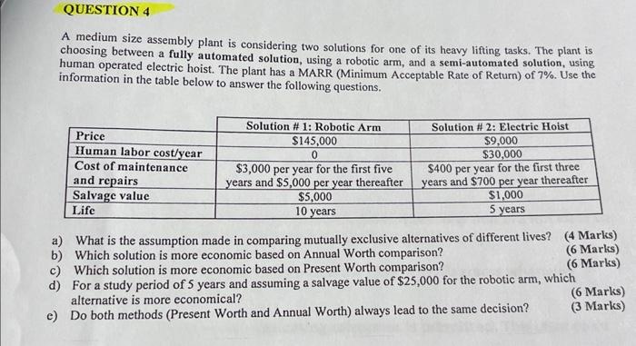 Solved A medium size assembly plant is considering two | Chegg.com
