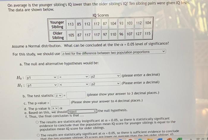 Solved On average is the younger sibling's IQ lower than the | Chegg.com