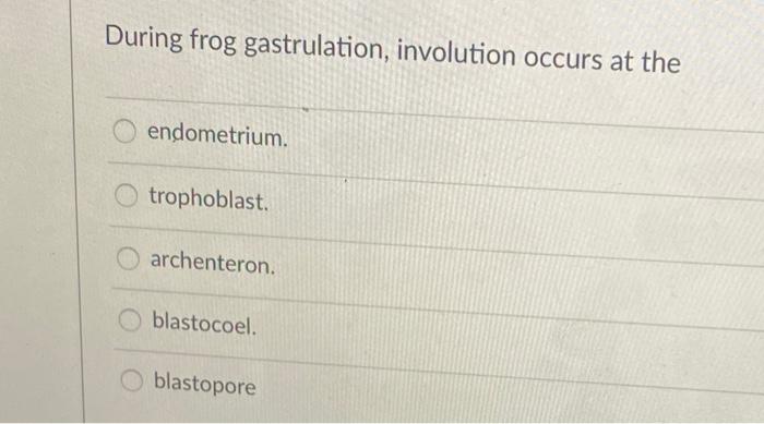Solved During frog gastrulation, involution occurs at the | Chegg.com