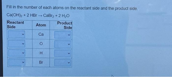Solved Fill in the number of each atoms on the reactant side | Chegg.com