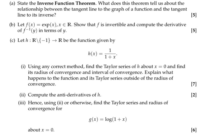 Solved [5] (a) State the Inverse Function Theorem. What does | Chegg.com