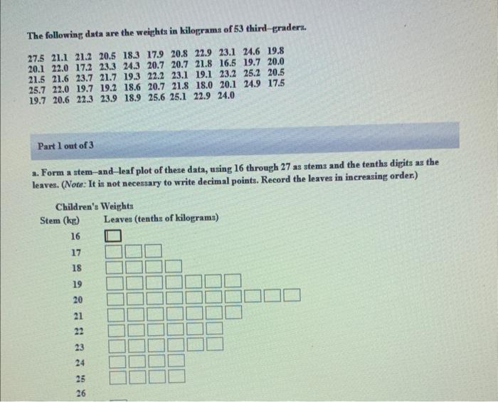 Solved The following data are the weights in kilograms of 53 | Chegg.com