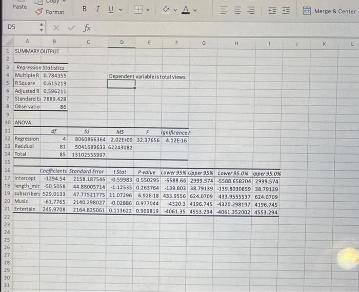 Solved Muspple tegression: open the Youtube regr Excel | Chegg.com
