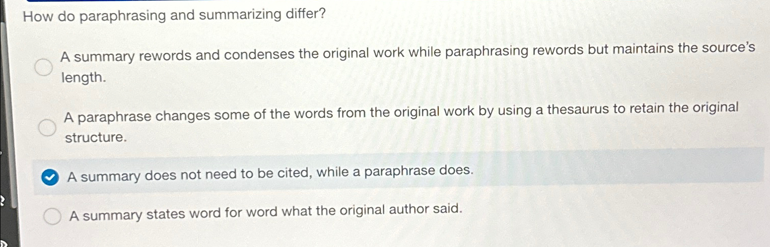 Solved How do paraphrasing and summarizing differ?A summary | Chegg.com