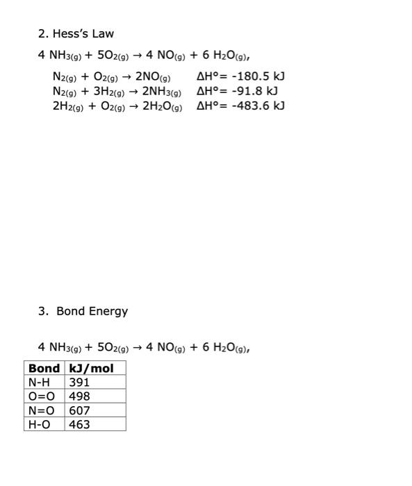 Solved 2. Hess's Law 4NH3( g)+5O2( g)→4NO(g)+6H2O(g), N2( | Chegg.com
