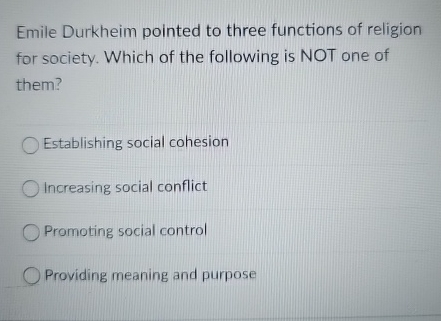 Solved Emile Durkheim pointed to three functions of religion | Chegg.com