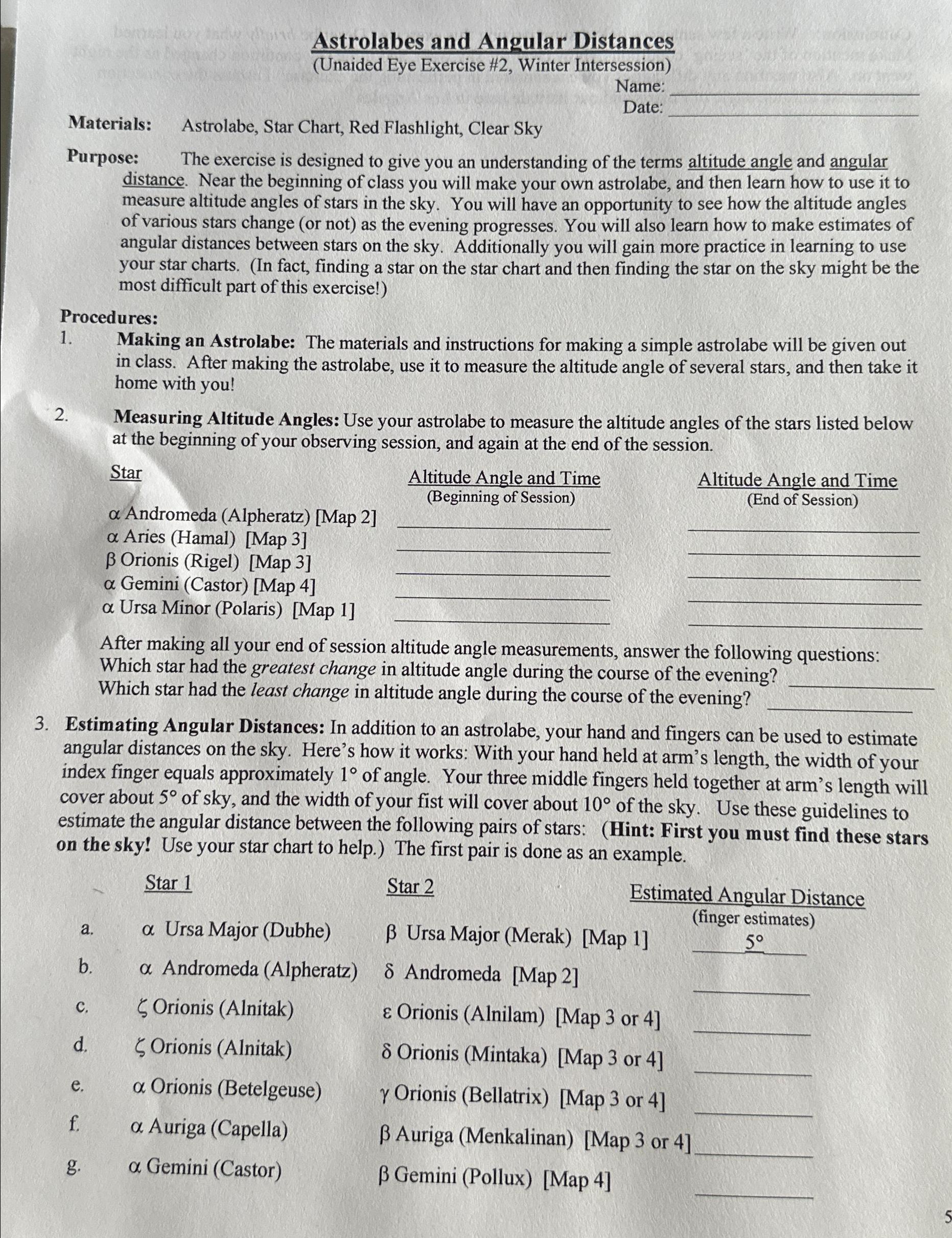 Solved Astrolabes and Angular Distances(Unaided Eye Exercise | Chegg.com