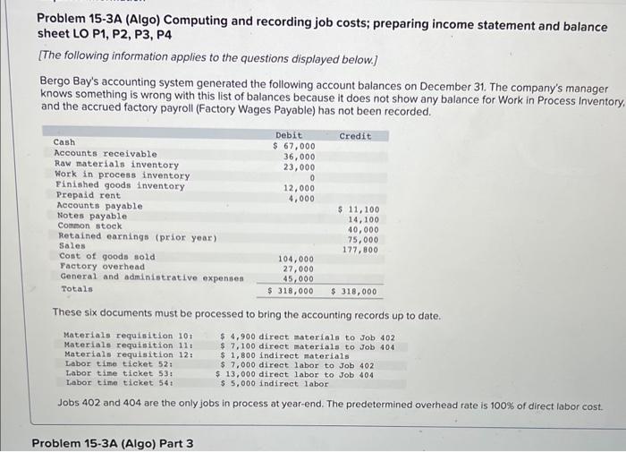 Solved Problem 15-3A (Algo) Computing and recording job | Chegg.com