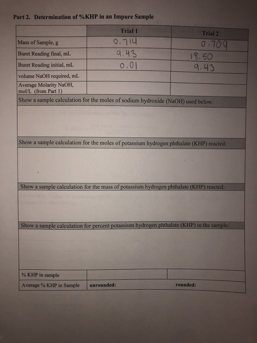 Solved Part 2. Determination of %KHP in an Impure Sample | Chegg.com