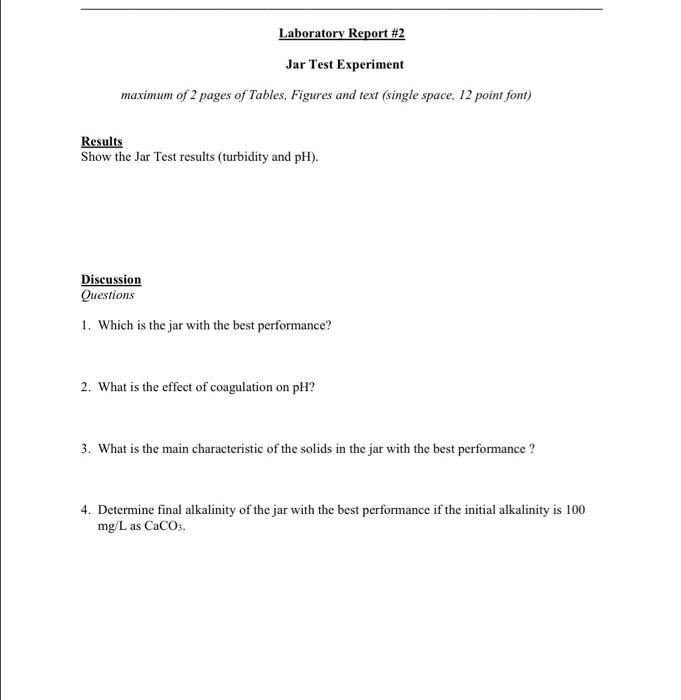 Laboratory Report #2 Jar Test Experiment maximum of 2 | Chegg.com