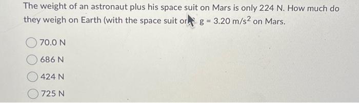 Solved The weight of an astronaut plus his space suit on | Chegg.com