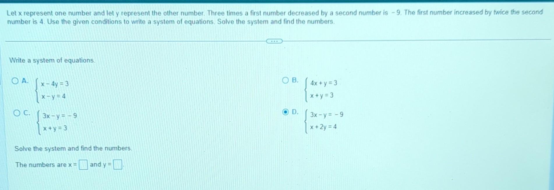 Solved Let x represent one number and let y represent the | Chegg.com