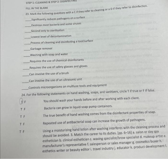 Solved STEP 1: CLEANING \& STEP 2: DISINFECTING FILL IN THE | Chegg.com
