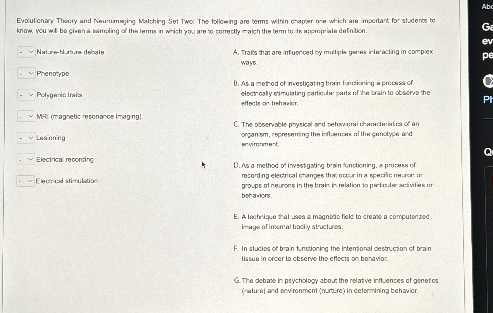 Solved Evolutionary Theory and Neuroimaging Matching Set | Chegg.com