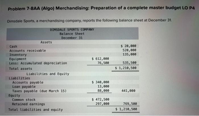 Solved Problem 7-8AA (Algo) Merchandising: Preparation of a | Chegg.com