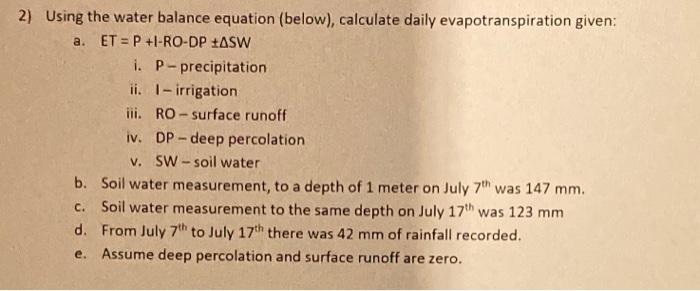 Solved 2) Using the water balance equation (below), | Chegg.com