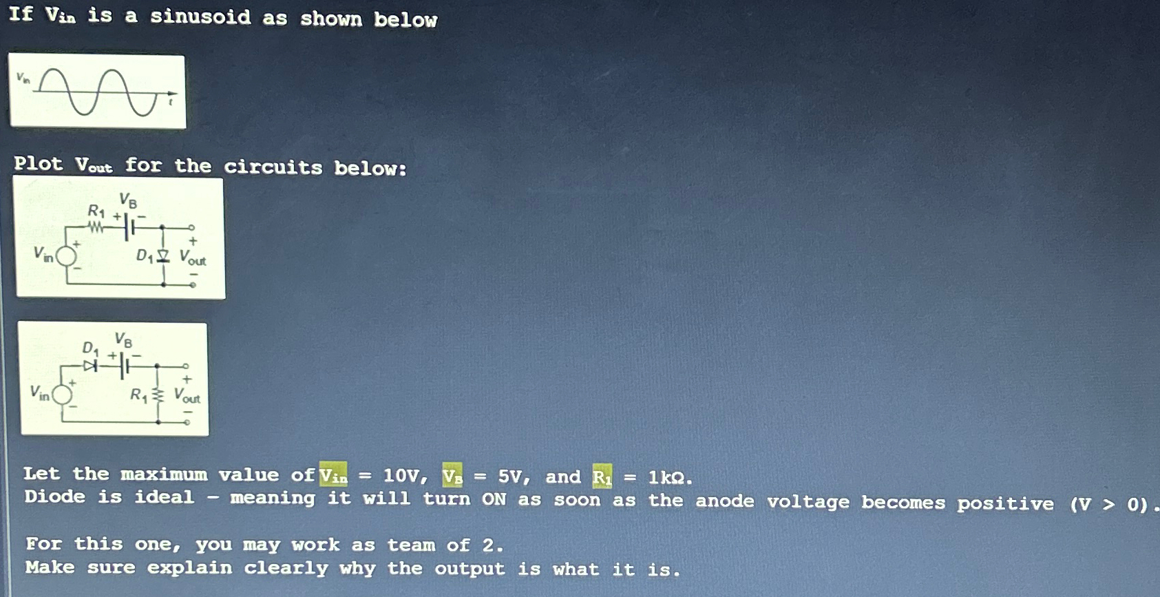 Solved If Vin ﻿is a sinusoid as shown belowPlot Vout for | Chegg.com