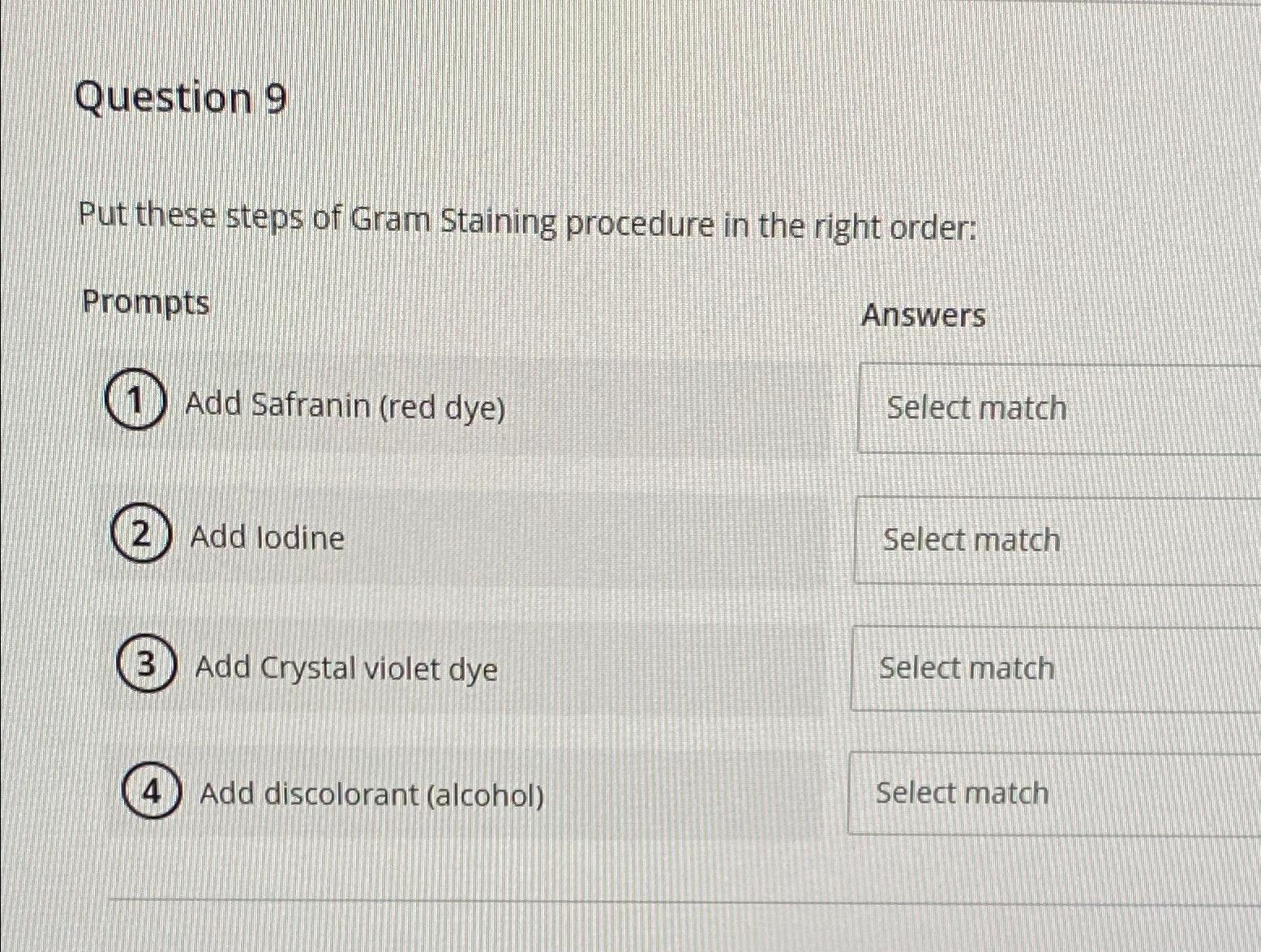 Solved Question 9Put these steps of Gram Staining procedure | Chegg.com