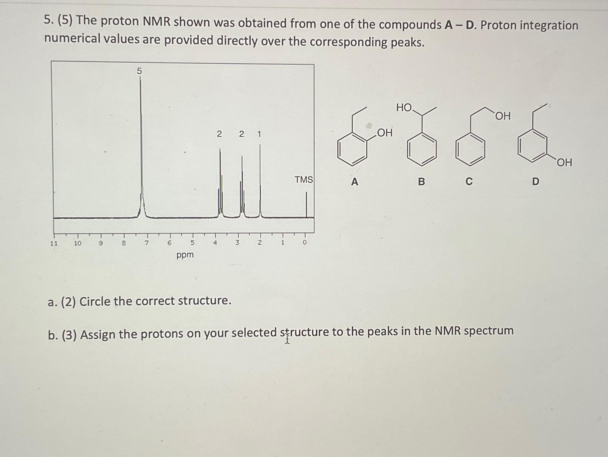 Solved (5) ﻿The proton NMR shown was obtained from one of | Chegg.com