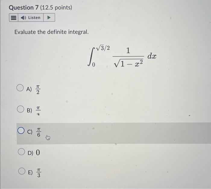 Solved Evaluate the definite integral. ∫03/21−x21dx A) 2π B) | Chegg.com