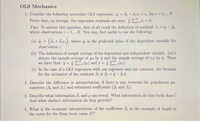 Solved OLS Mechanics 1. Consider the following univariate | Chegg.com
