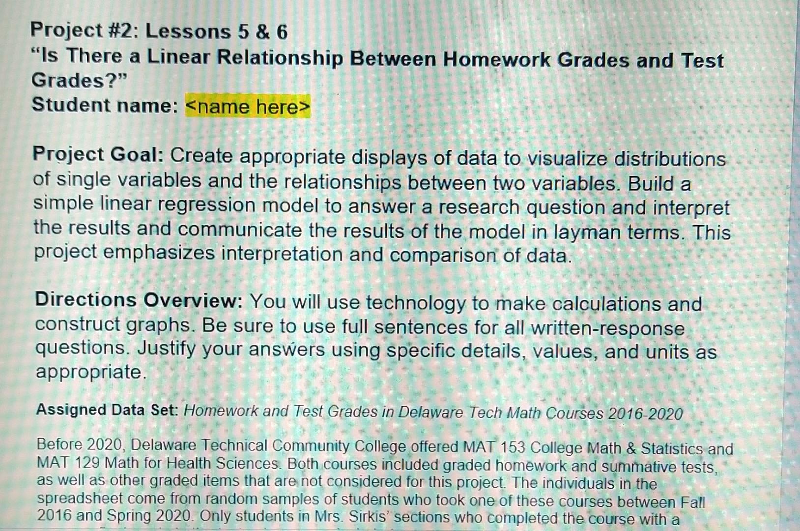 Project \#2: Lessons 5 \& 6 "Is There a Linear | Chegg.com