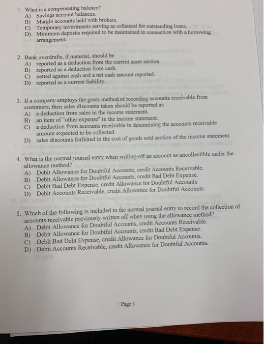 Solved 1. What is a compensating balance? A) Savings account | Chegg.com