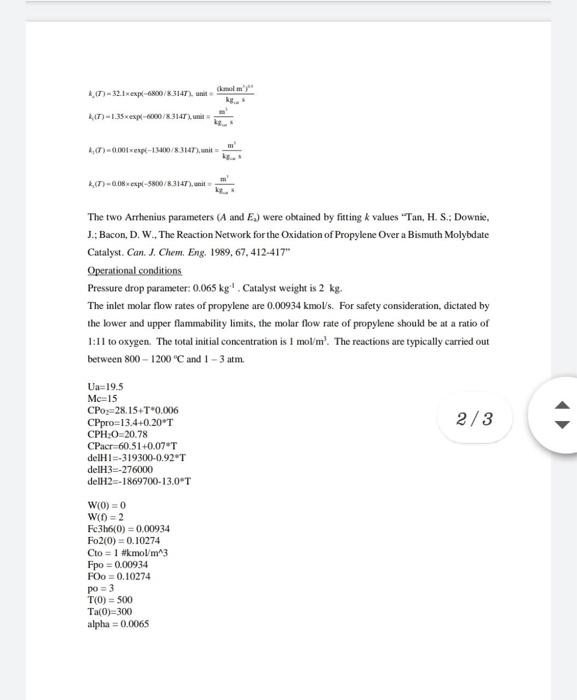 Catalytic oxidation of propene into 2-propenal in a | Chegg.com