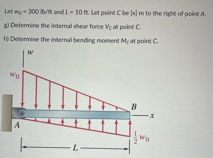 Solved Let w0=300lb/ft and L=10ft. Let point C be [x]m to | Chegg.com