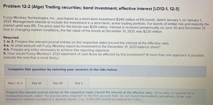 Solved Problem 12-2 (Algo) Trading securities; bond | Chegg.com