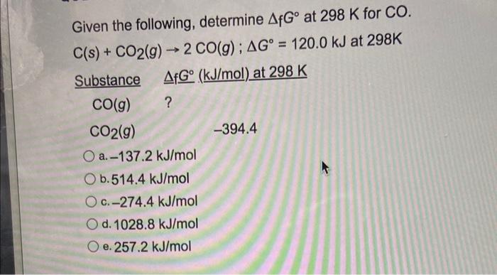 Solved Given the following, determine ΔfG∘ at 298 K for CO. | Chegg.com
