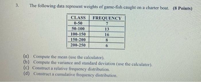 Solved 3. The following data represent weights of game-fish | Chegg.com