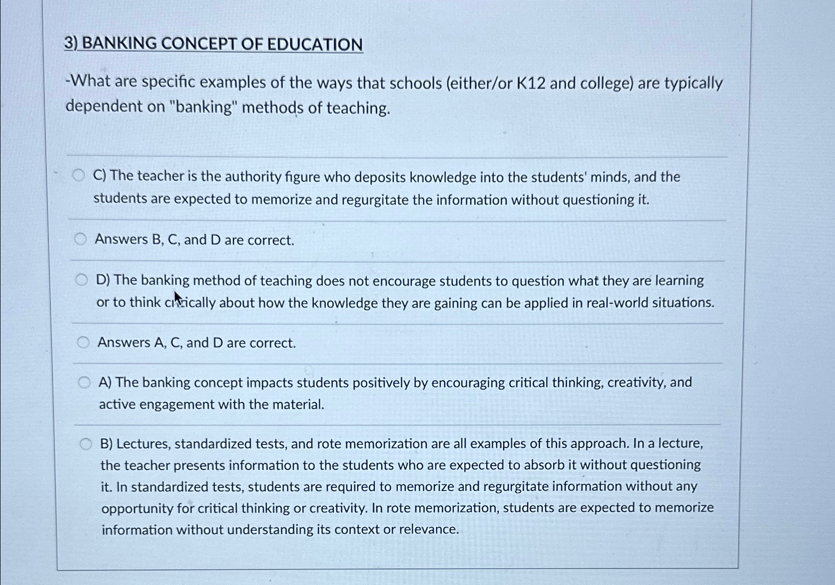 Solved BANKING CONCEPT OF EDUCATION-What are specific | Chegg.com