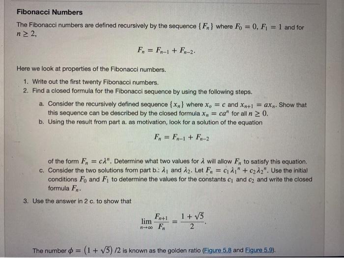 Solved Fibonacci Numbers The Fibonacci numbers are defined | Chegg.com