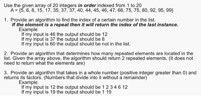 Solved Use the given array of 20 integers in order indexed | Chegg.com