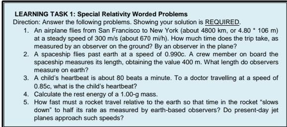 Solved LEARNING TASK 1: Special Relativity Worded Problems | Chegg.com