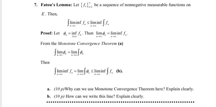 Solved AN 7. Fatou's Lemma: Let {f} be a sequence of | Chegg.com