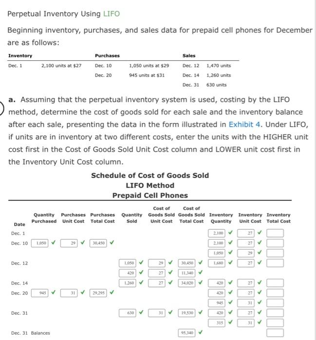 Perpetual Inventory Using LIFO Beginning inventory, | Chegg.com