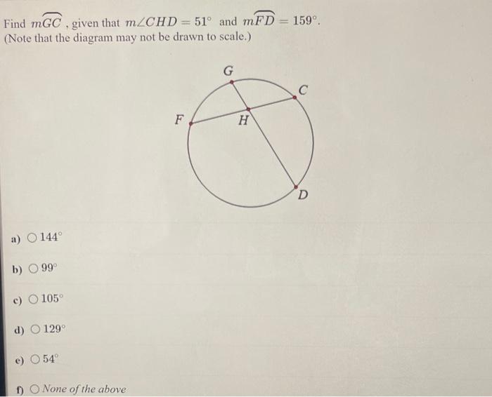 Solved Find \( m \overparen{G C} \), given that m∠CHD=51∘ | Chegg.com