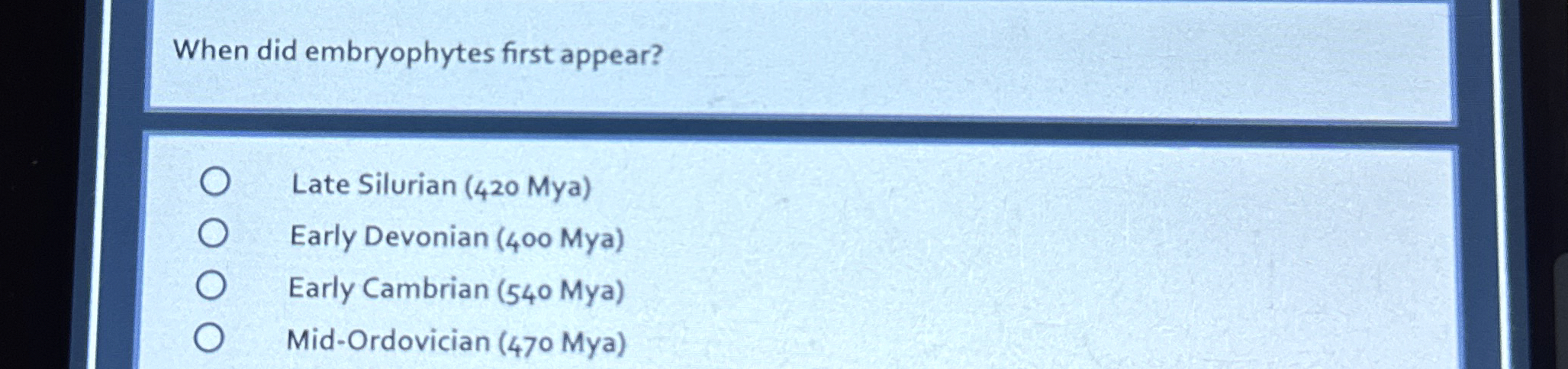 Solved When did embryophytes first appear?Late Silurian | Chegg.com
