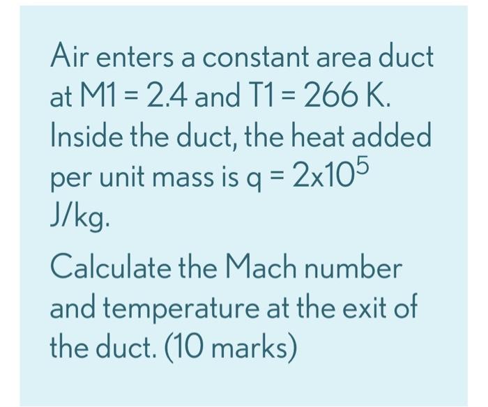 Solved Air enters a constant area duct at M1 = 2.4 and T1 = | Chegg.com